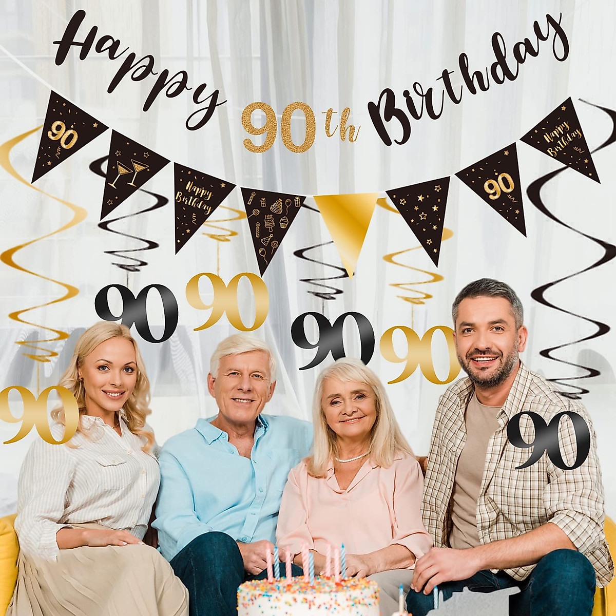 90th Birthday Decoration Kit, Happy 90th Birthday Banner Bunting Swirls Streamers, Triangle Flag Banner for Birthday Party Decorations Supplies Black and Gold 90th