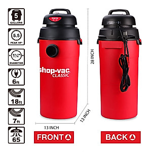 Shop-Vac 5 Gallon 5.5 Peak HP Wet/Dry Vacuum, Wall Mountable Compact Shop Vacuum with 18' Extra Long Hose & Attachments, Ideal for Jobsite, Garage, Car & Workshop. 9522236