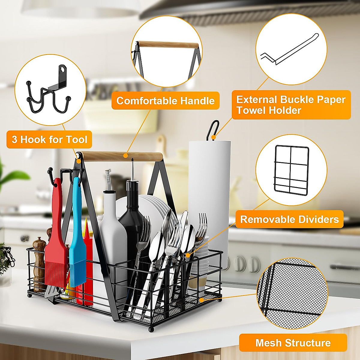 JBBTOOL Grill Caddy, BBQ Caddy for Outdoor Grill, Camping Caddy for Plate Cutlery, Picnic Condiment Caddy, Outdoor Kitchen Barbecue Accessories, RV Patio Tailgate Essentials, Grilling Gifts for Men