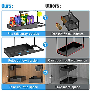 Under Sink Organizers and Storage, LEITAO 2 Tier Under Sliding Cabinet Bathroom Organizer w Hooks, Hanging Cup, Multi-use Pull Out Narrow Space Pull Out Organizer for Home Kitchen Bath Office(2 Pack)
