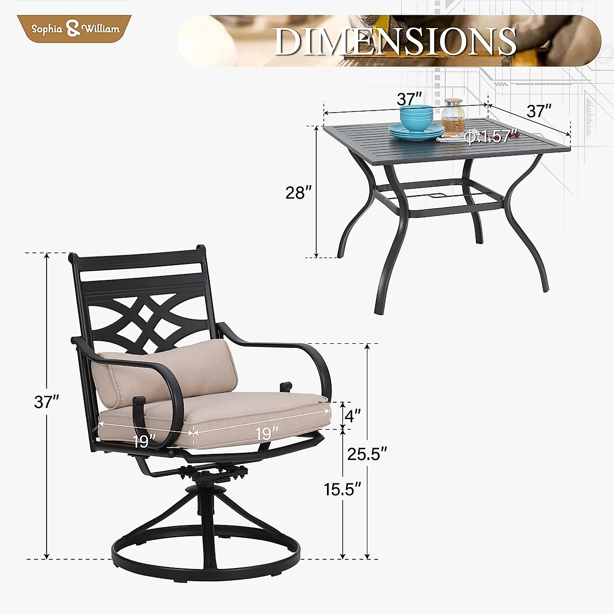 Sophia and William Outdoor Patio Dining Set for 4, Outdoor Table and Chairs, Removable Seat Cushions, Black 37" Patio Dining Table