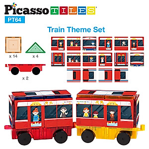 PicassoTiles Magnet Building Blocks STEM Learning Construction Toy Set Early Education Kit 3-in-1 Rocket, School Bus, Train Theme Stick-On Puzzle Pretend Play Magnetic Tiles Kids Building Block Toys