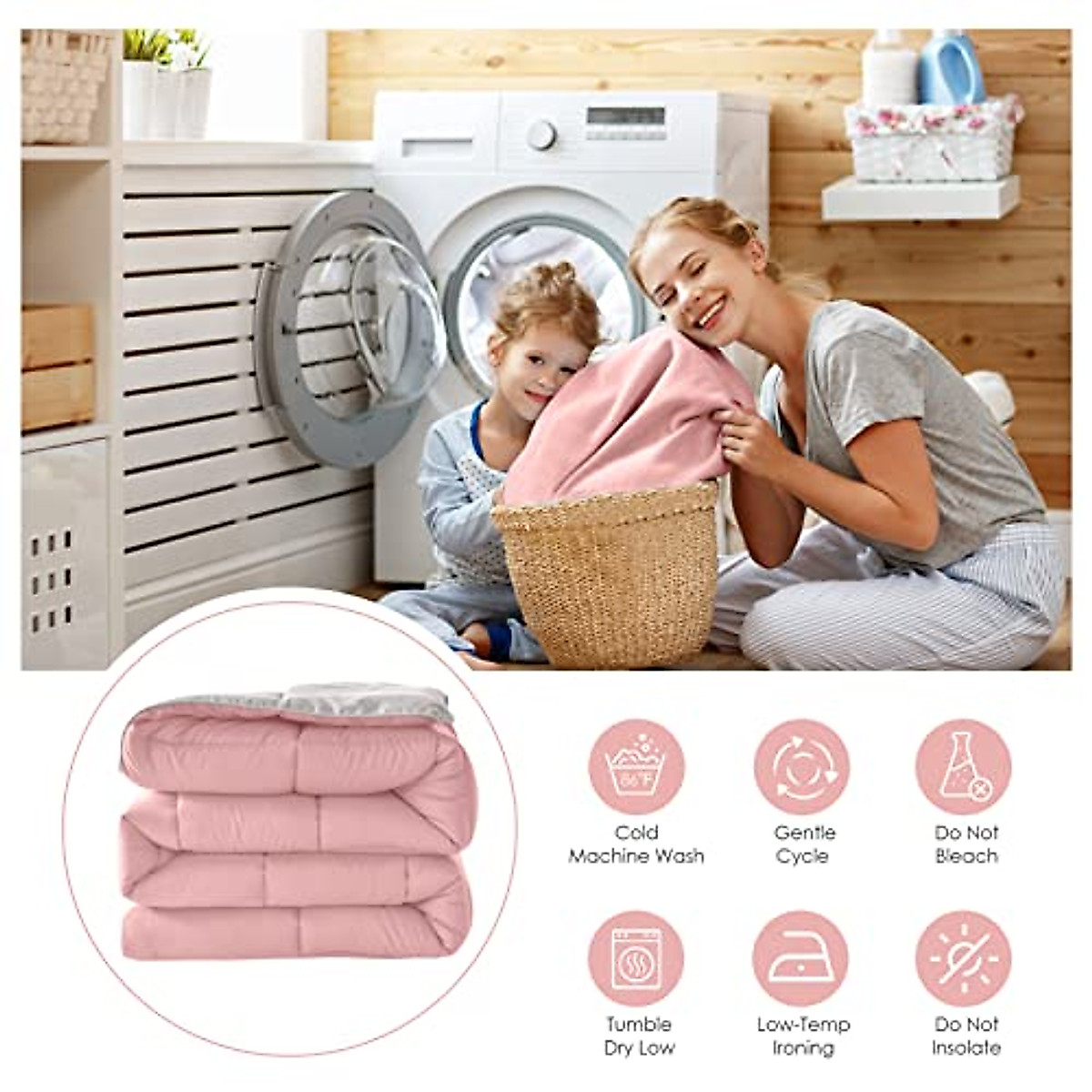 Homelike Moment Comforter Set, Queen Size Pink and Grey Bed Comforters, All Season Lightweight Full Bedding, Reversible Duvet Insert 3 Pieces - 1 Comforter 2 Pillow Shams, Summer Blanket