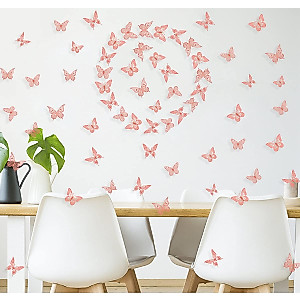 Butterfly Wall Stickers Decorations 3D Butterflies Decals for Girls Room Bedroom Nursery Decor Butterfly Birthday Party Decoration Wedding Cake Decorating 48pcs (Pink)