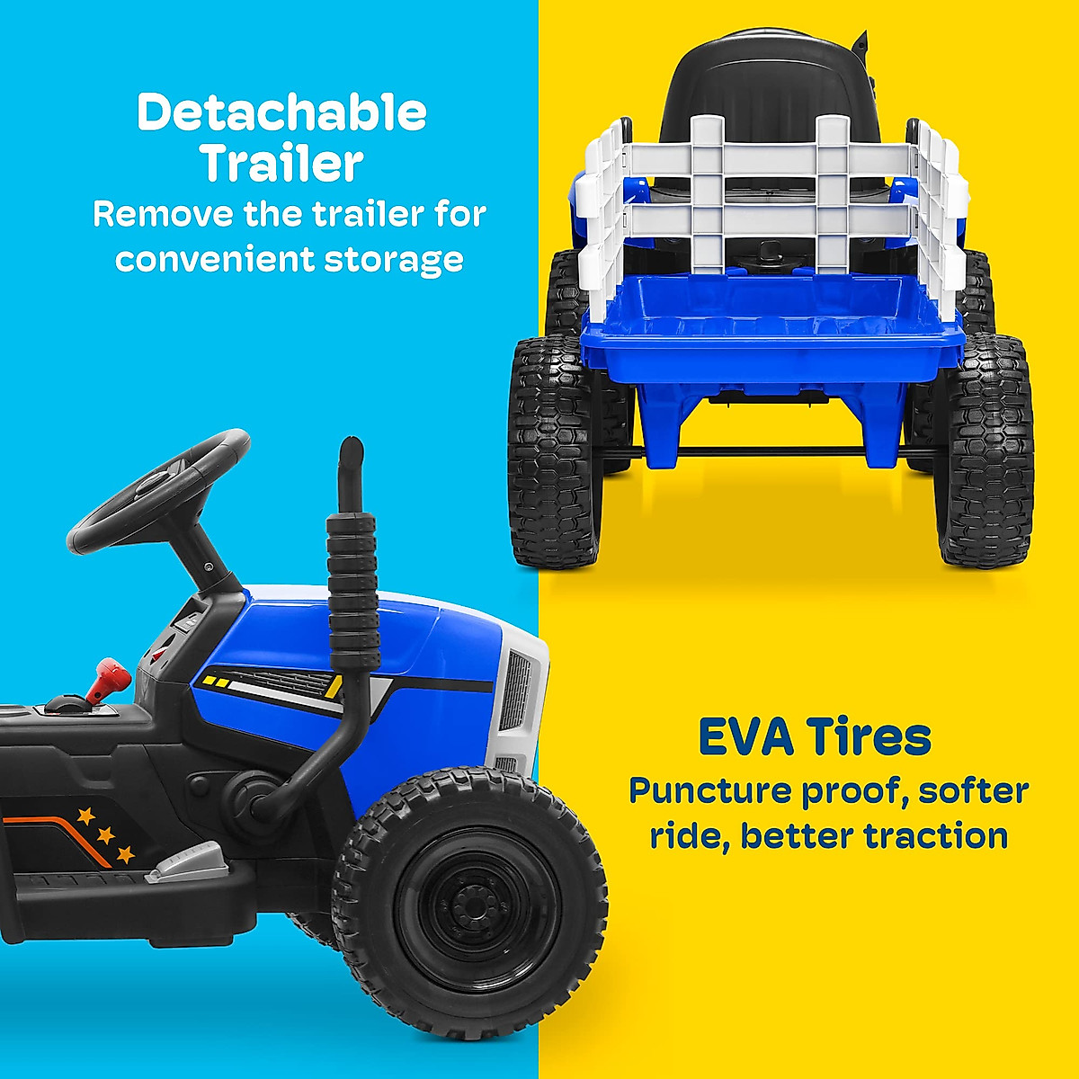 Kidzone 12V 7AH Premium Version with EVA Treaded Tires Dual 35W Motors Boost Power Torque Remote Control Powered Electric Tractor with Trailer Toddler Ride On Toy 3-Gear-Shift, 7-LED Lights, MP3