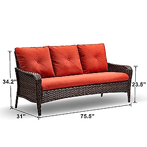 HUMMUH Patio Wicker Sofa,3-Seater Outdoor Couch Porch High Back and Deep Seat Sofa Furniture for Backyard, Deck, Poolside （Brown Red）