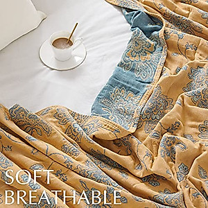 jinchan Yellow Throw Blanket for Couch Spring Cotton Blanket Soft Breathable Lightweight 4 Layer Cozy Blanket Twin Size Reversible Coverlet Floral Blanket Bed Blanket Baby Kid Gift 60x80 Inch