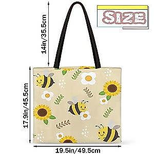 QsirBC Cartoon Sunflower Bee Canvas Tote Bag for Women Reusable Shoulder Totebag with Pocket Casual Handbag for Shopping Work Travel Gift