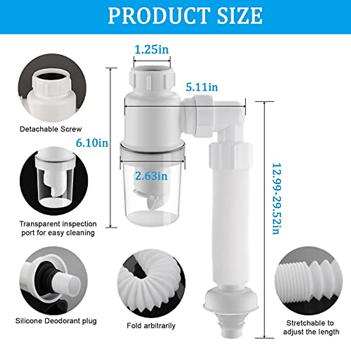 Gititrada Deodorizing Drain, Flexible Drain Fitting, Retractable 11.8-29.5 Inch Drain, 1 Rubber Seal, Flexible Tubular Retractable Drain, Sink Drain Kit for Kitchen, Bathroom, Toilet, Etc.