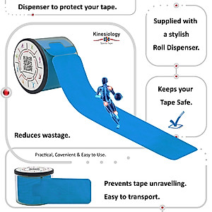 Kinesiology Tape Precut with Dispenser - Synthetic Sports Muscle Tape - Blue - 5m Roll - 20 Strips - Physiotherapy Tape for Face, Neck, Shoulder, Back, Elbow, Wrist, Knee, Calf & Ankle