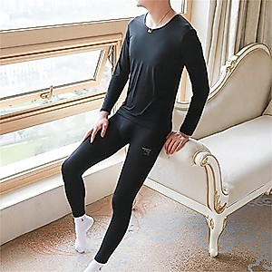 IYUNYI Men's Thermal Underwear Set, Ice Silk Feeling Long Johns, Winter Thin Base Layer Top & Bottom Black