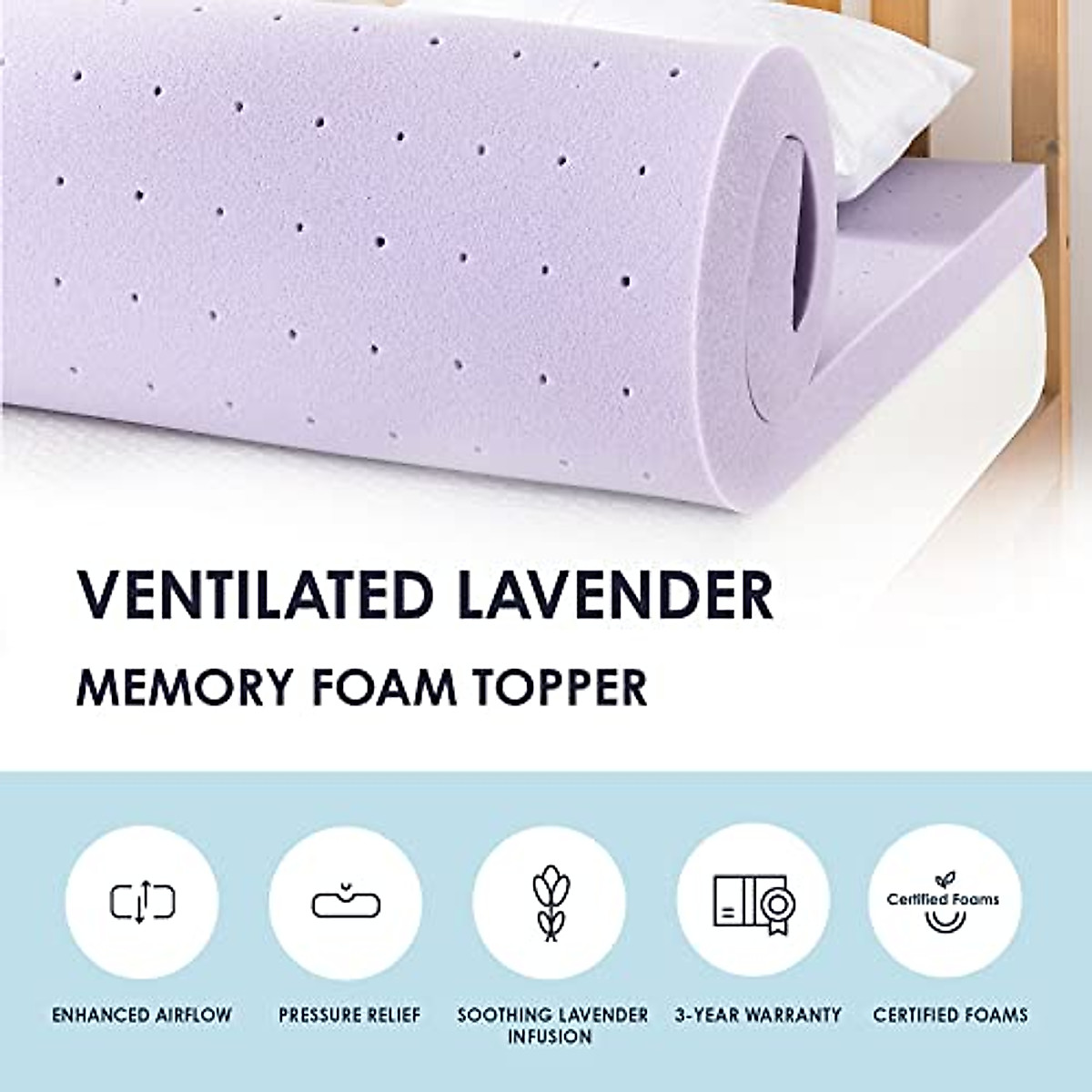 Mellow 3 Inch Ventilated Memory Foam Mattress Topper, Soothing Lavender Infusion, King