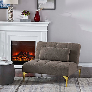 GERDIOEB Convertible Sofa Bed Single Chair Futon with Adjustable Backrest and Gold Metal Legs, Teddy Fabric Armless Chair with Pillow, Futon Sleeper Couch Daybed Single Chair (Taupe)
