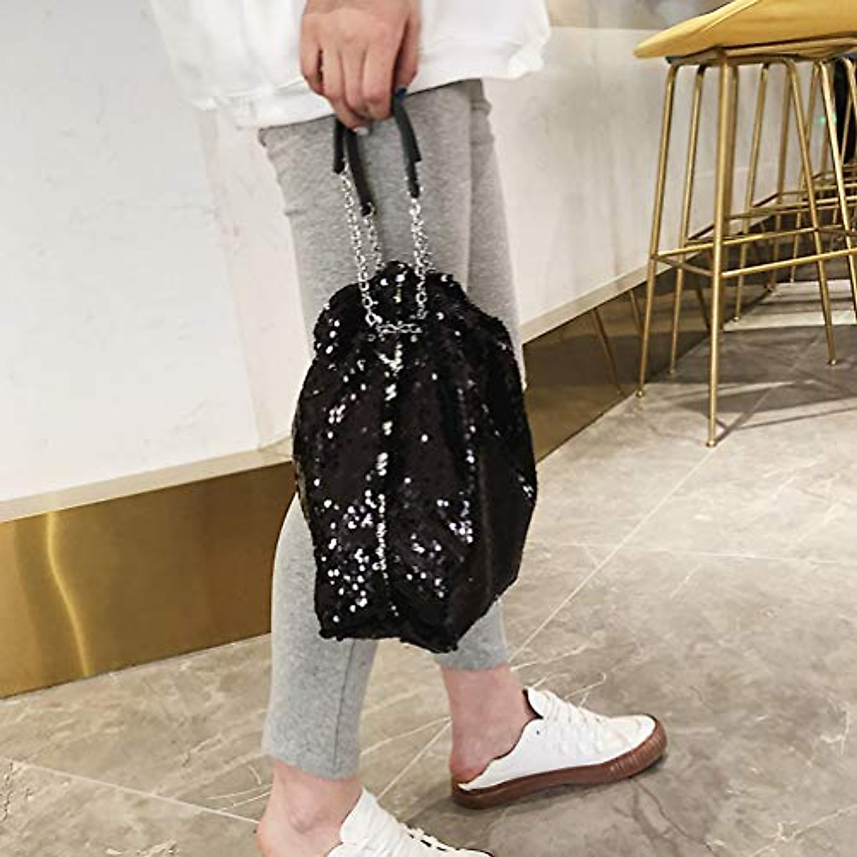 FENICAL Crossbody Bucket Bag Sequin Mermaid Handbag Flippy Tote Bag with Chain Strap for Women Lady Girl - Black