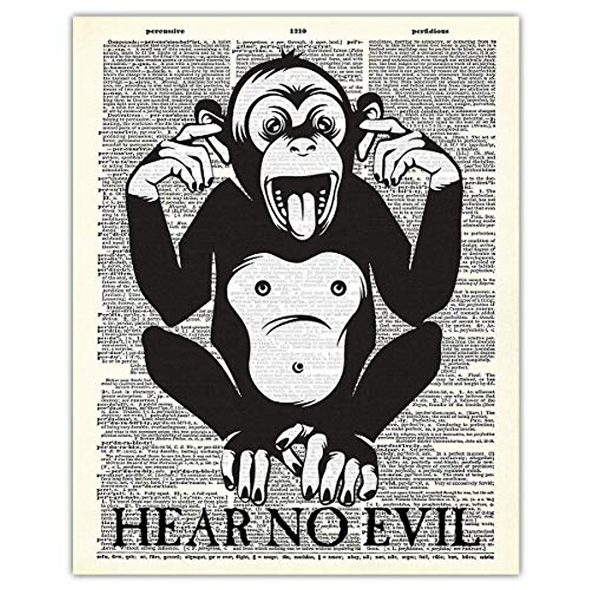 3 Wise Monkeys Dictionary Wall Art Prints: Unique Room Decor for Boys, Men, Girls & Women - Set of Three (8x10) Unframed Pictures - Great Gift Idea