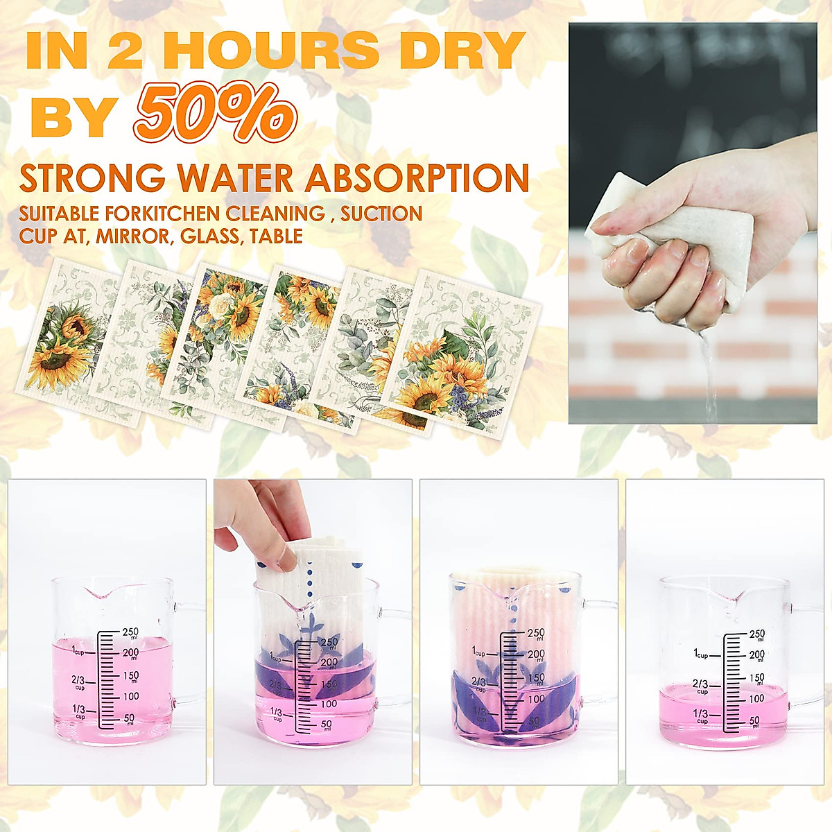 Morigins 6 Pcs Sunflowers Swedish Kitchen Dishcloths Multi Purpose Absorbent Soft Reusable Cleaning Dish Cloths Washable Decorative Tea Towels Bar Hand Towel