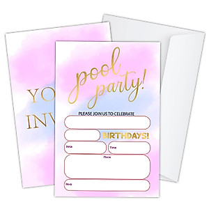 Watercolor Glitter Pool Party Birthday Party Invitation, Water Slide Pool Birthday Party Invite for Kids Girls Boys, Summer Birthday Party Celebration Supplies, 20 Invitations with Envelopes - JY773