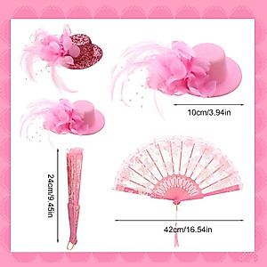 Auidy 6TXD Tea Party Supplies, 6 Pieces Girls Party Headwear and Accessories, Includes Folding Hand Fans, Clip on Hats, Satin and Lace Gloves, Rose Pink