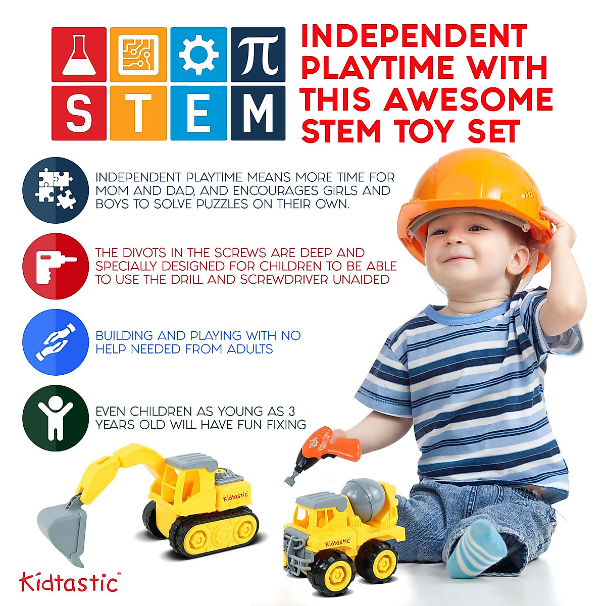 Kidtastic 3 Pack Construction Vehicles Trucks Toys Set, Take Apart STEM Learning Toy with Excavator, Dump Truck, Bulldozer, Tools and Drill Fun Educational Toy for Toddler, Girls and Boys