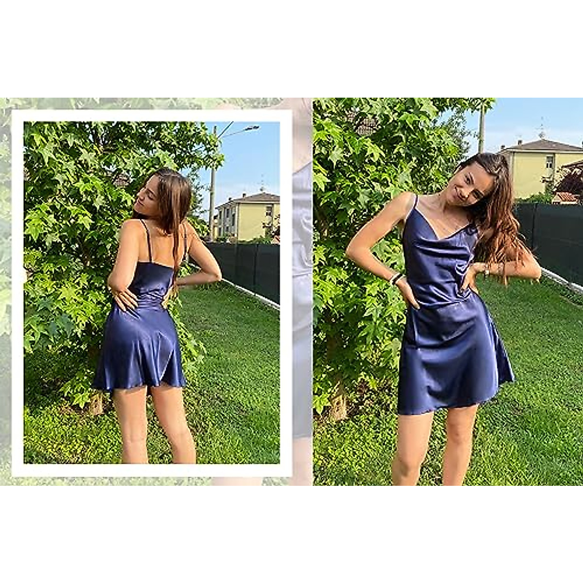 Litherday Women Sexy Lingerie Satin Nightgown Silk Chemise Mini Slips Cowl Neck Negligee Sleepwear with Adjustable Straps Navy blue X-Large