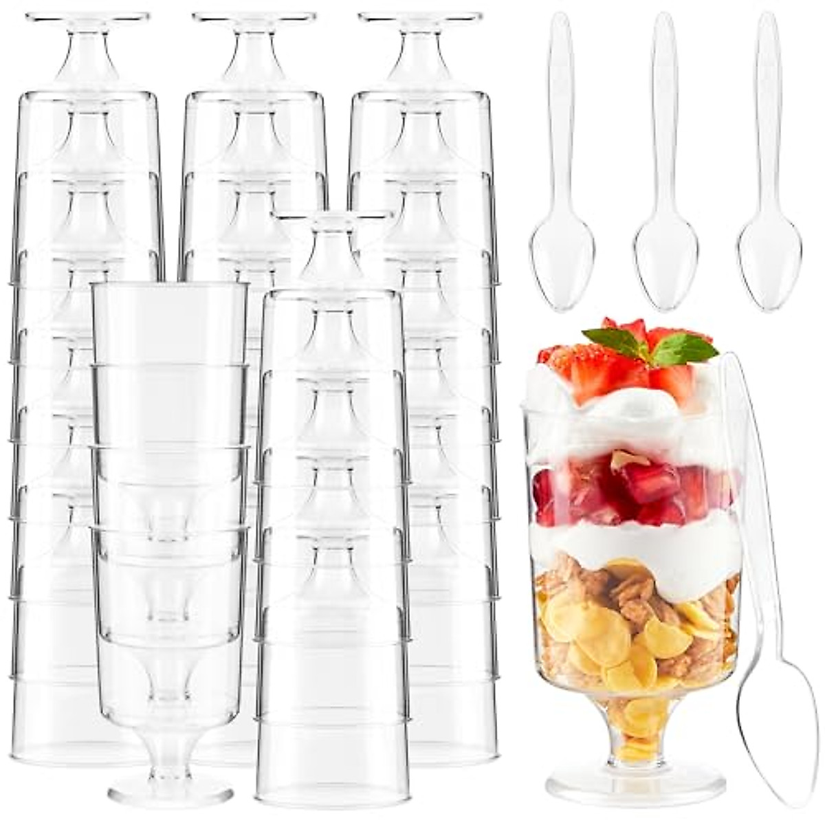 Kucoele 40 Pack 3 OZ Mini Dessert Cups with Spoons, Reusable Plastic Wine Cups Small Clear Party Serving Cups for Parfait Appetizer Pudding MousseTasting