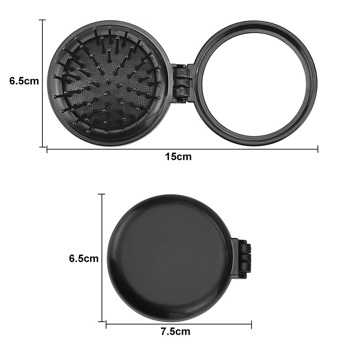 Serrale Folding Hair Brush Mini Round Comb with Mirror Portable Travel HairBrush Pocket Compact Massage Combor for Women & Girls Small Purse, Gym, Trip, School Camping(Black), 2.5x7.5x6.5cm
