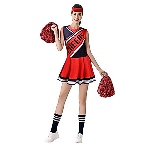 AOMIG Girl's Cheerleader Costumes - Cheerleader Uniform Dress without Sleeve with Pom Poms and Headband, Girl's School Musical Birthday Party Costumes Cheerleader Suit(S,Red)