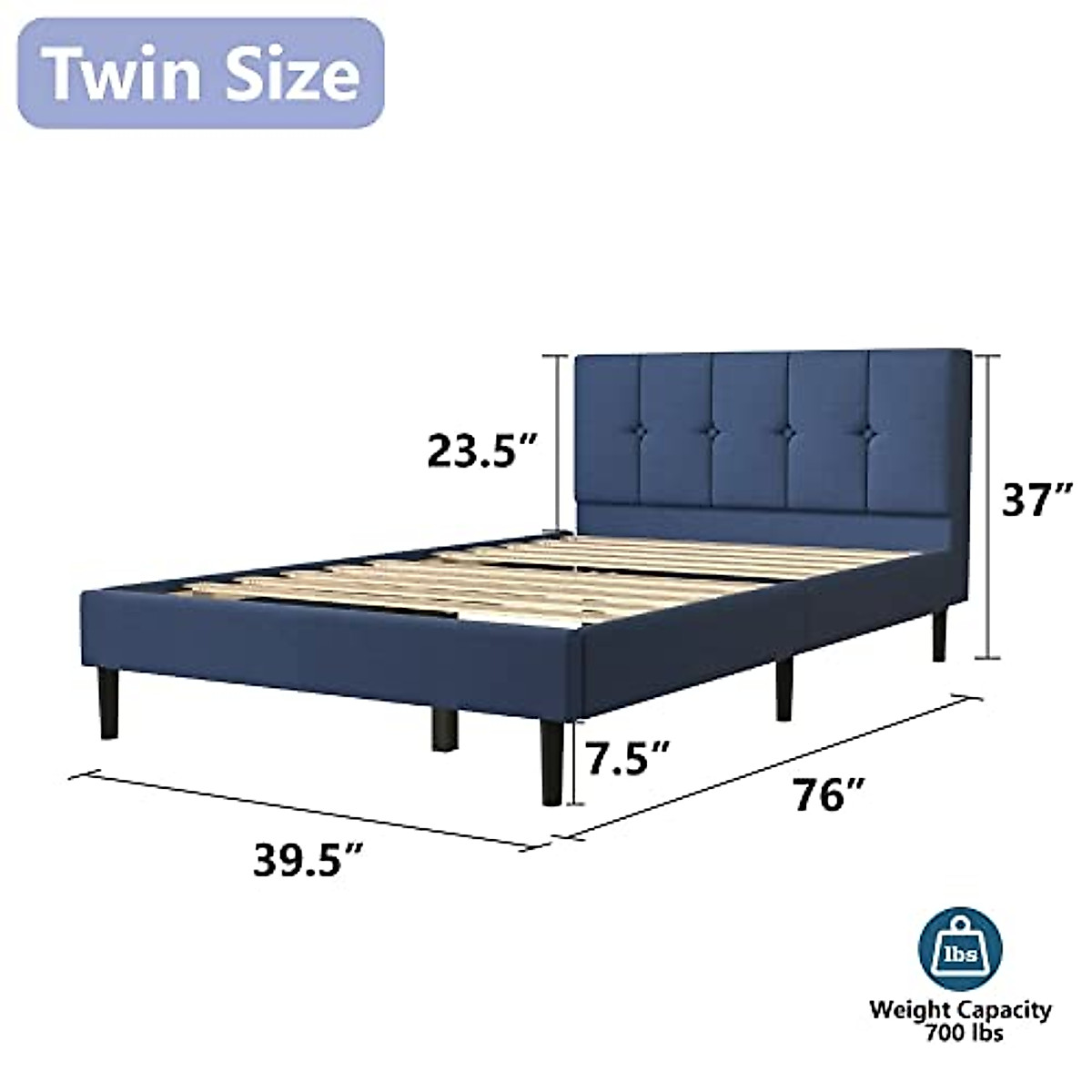 Twin Size Upholstered Platform Bed Frame with Button Tufted Stitched Headboard, Fabric Mattress Foundation with Metal Wood Slat Support, No Box Spring Needed, Noise Free Design, Easy Assembly, Blue
