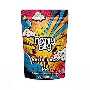 NottyBoy Bulk Condoms 144 Count Variety Pack - Ribbed and Dotted, Extra Lube, 4 in One, Ultra Fine, 1500 Dots, Super Slim, 3 in 1 and Flavours