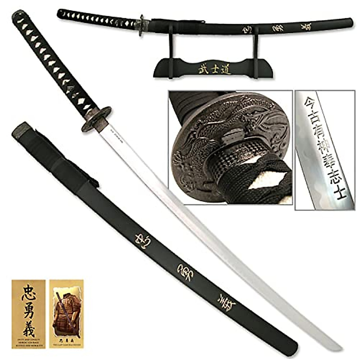 MASTER USA - Sword of Loyalty, Courage and Morality w/ Hand Carved Samurai Bushido Code on Scabbard, Includes Display Stand - SW-319, 41.5 Inches, Black