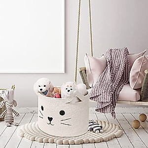 Large Woven Cotton Rope Basket with Handle, Ideal for Storage and Organization for kids toys,Towels, Clothes, blanket,Gifts. Pet Basket for Cat & Dog，Laundry Blanket Basket