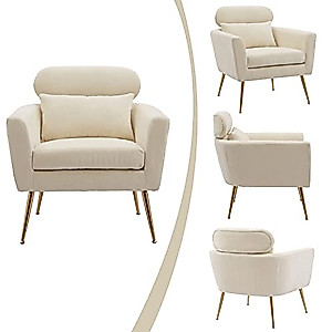 mikibama Mid Century Modern Accent Chair Upholstered Reading Chair Armchair with Throw Pillow Armchair Side Chair for Living Room Bedroom Dorm Room Office (Beige, Chenille)