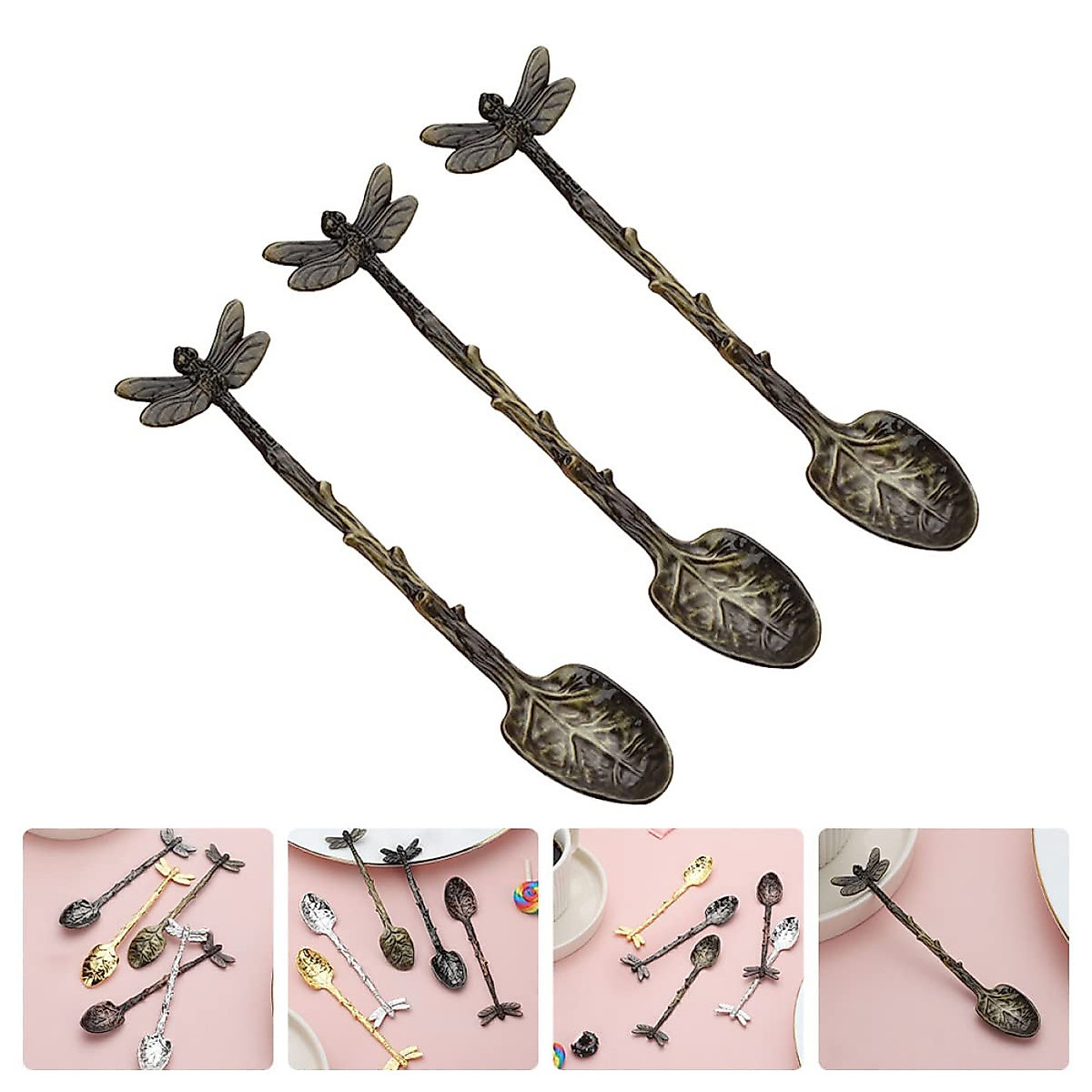 BESTonZON Metal Dessert Spoon Soup Spoon 6pcs Dessert Spoons Metal Dessert Spoon Branches Designed Spoons Metal Meal Spoon Metal Branches Dragonfly Stirring Spoon Stainless Steel Cake Spoon