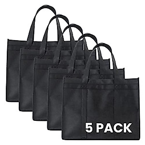 NZ home XL Reusable Grocery Shopping Bags, Heavy Duty Shopping Tote, Stands Upright, Foldable, Washable (Black 5 Pack)