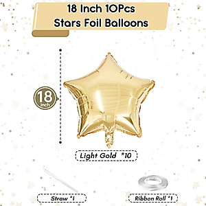 Gold Star Foil Balloons, 18 Inch Light Gold Stars Shape Foil Helium Balloons 10 Pcs Large Gold Mylar Stars Balloons Light Gold Pentagram Balloons for Birthday Wedding Baby Shower Graduation