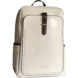 ARKIA Women's Genuine Leather Large Laptop Backpack - College Travel Business Daypack (Beige)