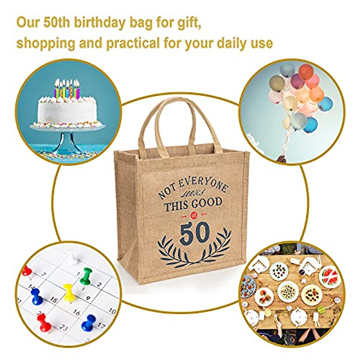 CQNET 50th Birthday Keepsake Gift Bag for Women, Novelty Jute Cotton Tote Giftable Present Bag for Mom, Wife or Friend, Beige, Medium