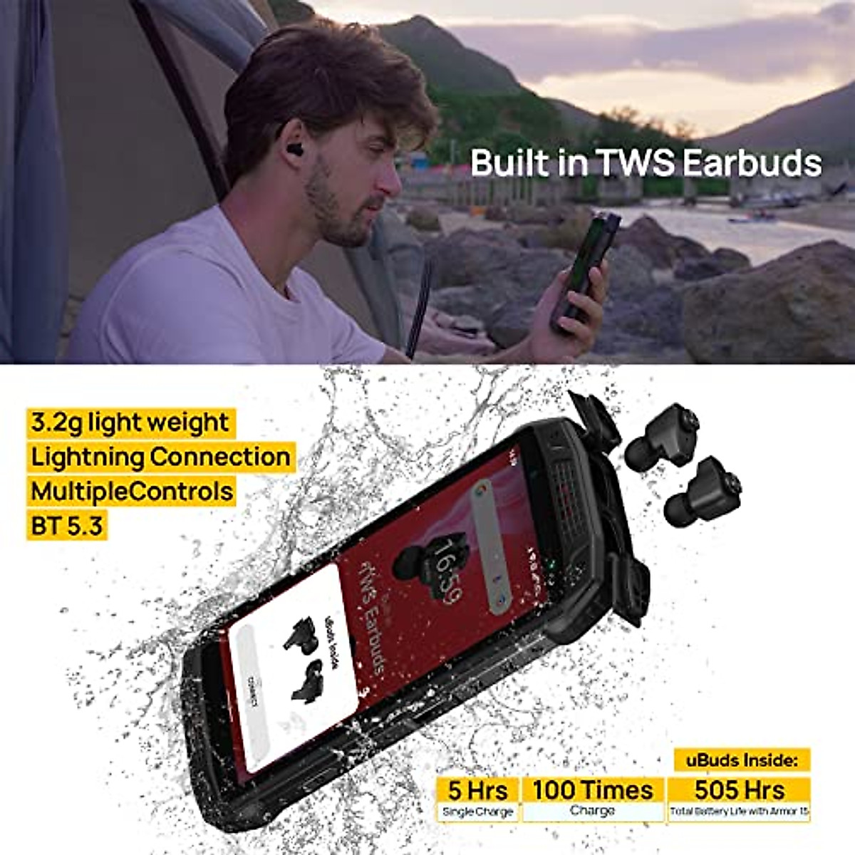 Ulefone Armor 15 Rugged Smartphone (Build-in TWS Earbuds), Android 12, Dual Stereo Speakers, 5.45'' HD+ IP68 Waterproof Mobile Phone Unlocked, 6GB+128GB, 16MP+13MP+12MP, GPS NFC FM- Black