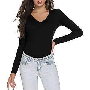 LINDLOOK Women's Slim Fitted V Neck Long Sleeve T Shirt Basic Soft Cotton Tops(Black/V-Neck,L)