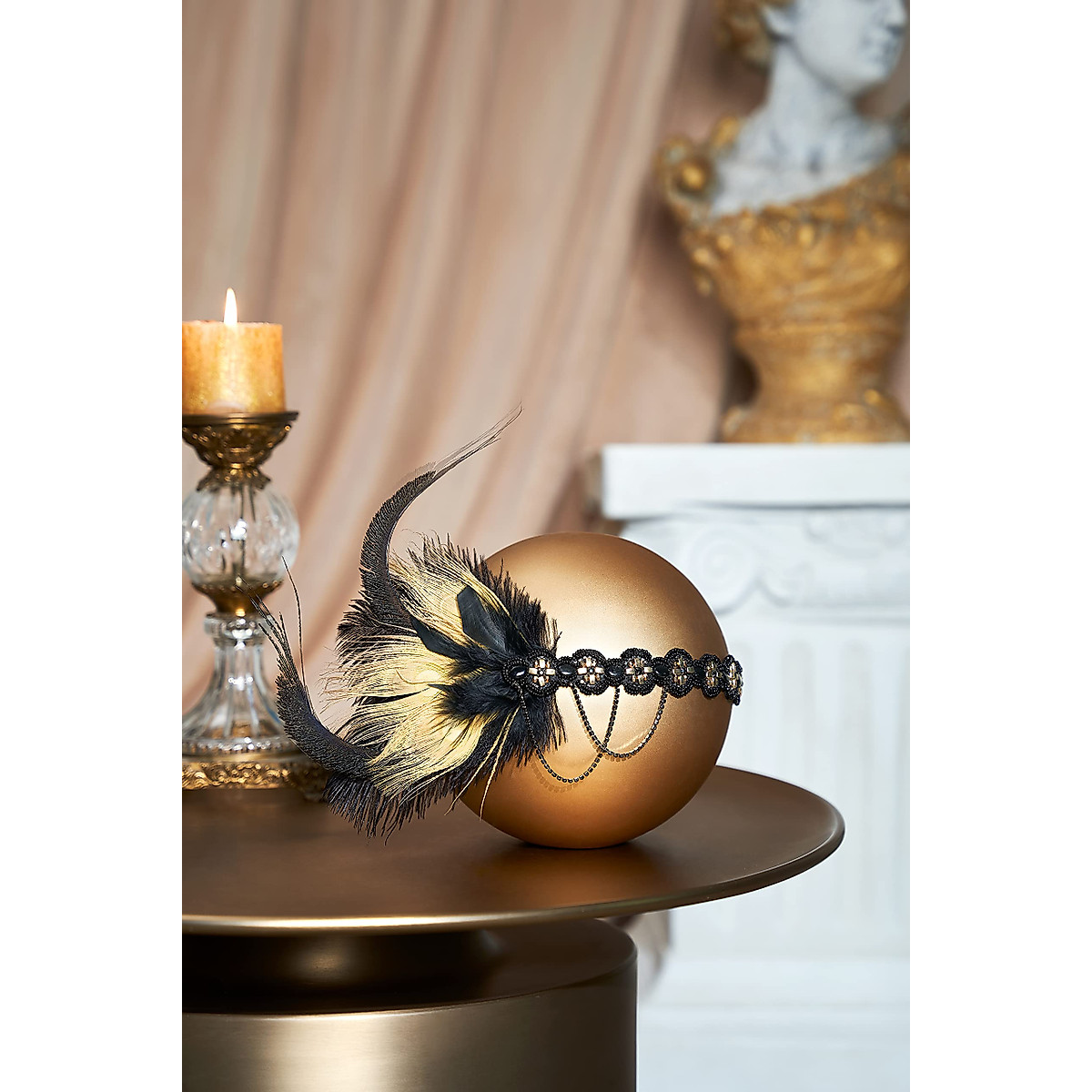 BABEYOND 1920s Sequined Showgirl Headpiece Feather Headband Flapper Gatsby Hair Accessories (Black Gold)