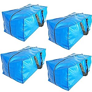Heavy Duty Oversized Storage Bag, 4 Pcs Blue Totes Moving Storage Bags with Zippers, for Travelling Camping Dorm College Moving Supplies Boxes, Clothes Storage Bins Compatible with Ikea Frakta Cart