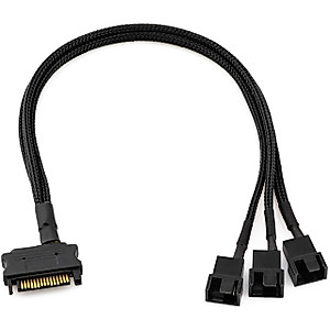 CRJ 15-Pin SATA to 3 PC Fan Power Adapter Cable - 12-inch (30cm), Black Sleeved - Power Up to Three 3-Pin & 4-Pin Computer Cooling Fans from an ATX 15-Pin SATA Power Connector (12V - Full Speed)