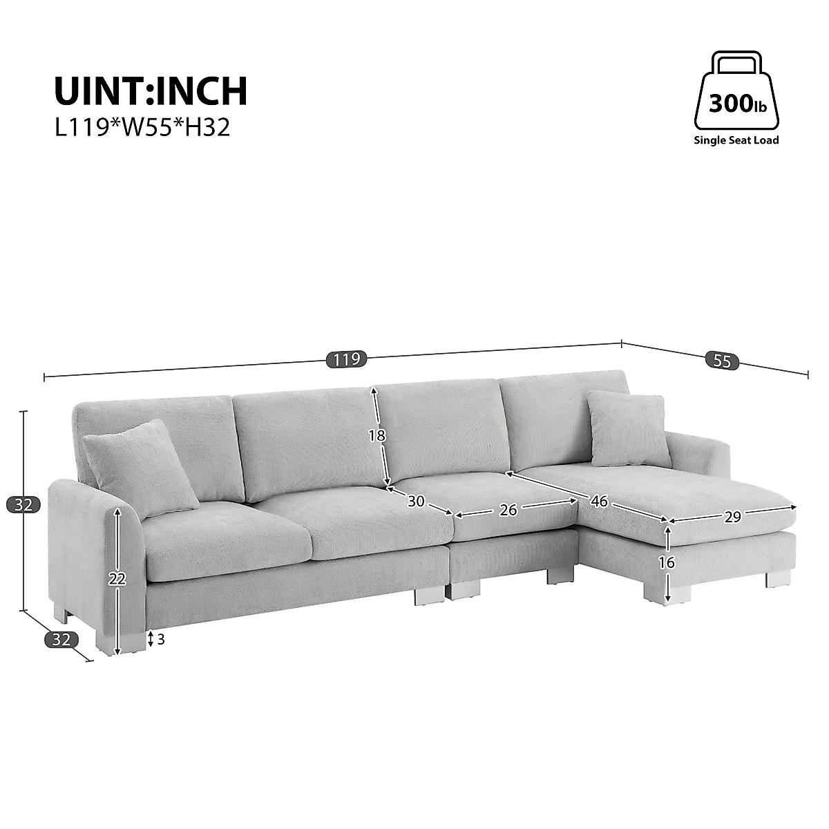 JURMALYN 119" Modern Sectional Sofa Couch for Living Room L-Shape Sofa Couch with Chaise, Oversized 4-Seat Sofa Couch with 2 Pillows Fabric Couch Set for Apartment Office, Light Grey