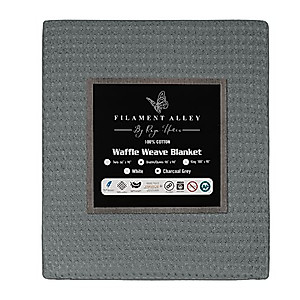 Filament Alley 100% Cotton Waffle Weave Bed Blanket Charcoal Grey Full Queen 90x90 Inch Breathable Lightweight Comforter Throw Blanket Travel Throw Blanket Couch Bed Sofa