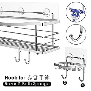 ODesign Adhesive Shower Caddy Shelf With Soap Dish Holder for Shampoo Conditioner Sponge Razor Kitchen Bathroom Basket Organizer Wall Mounted Stainless Steel Removable 2 Hooks