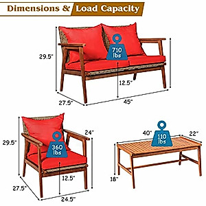 LUKEO 4PCS Patio Rattan Furniture Set Acacia Wood Frame Cushioned Sofa Chair Red Single Sofa