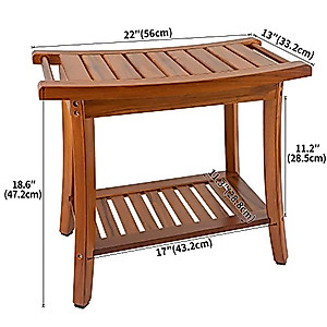 Utoplike Teak Shower Bench Seat with Handles, 3 Tier Shower Caddy Corner Standing Shower Organizer, 24" x 18" Teak Bath Mat