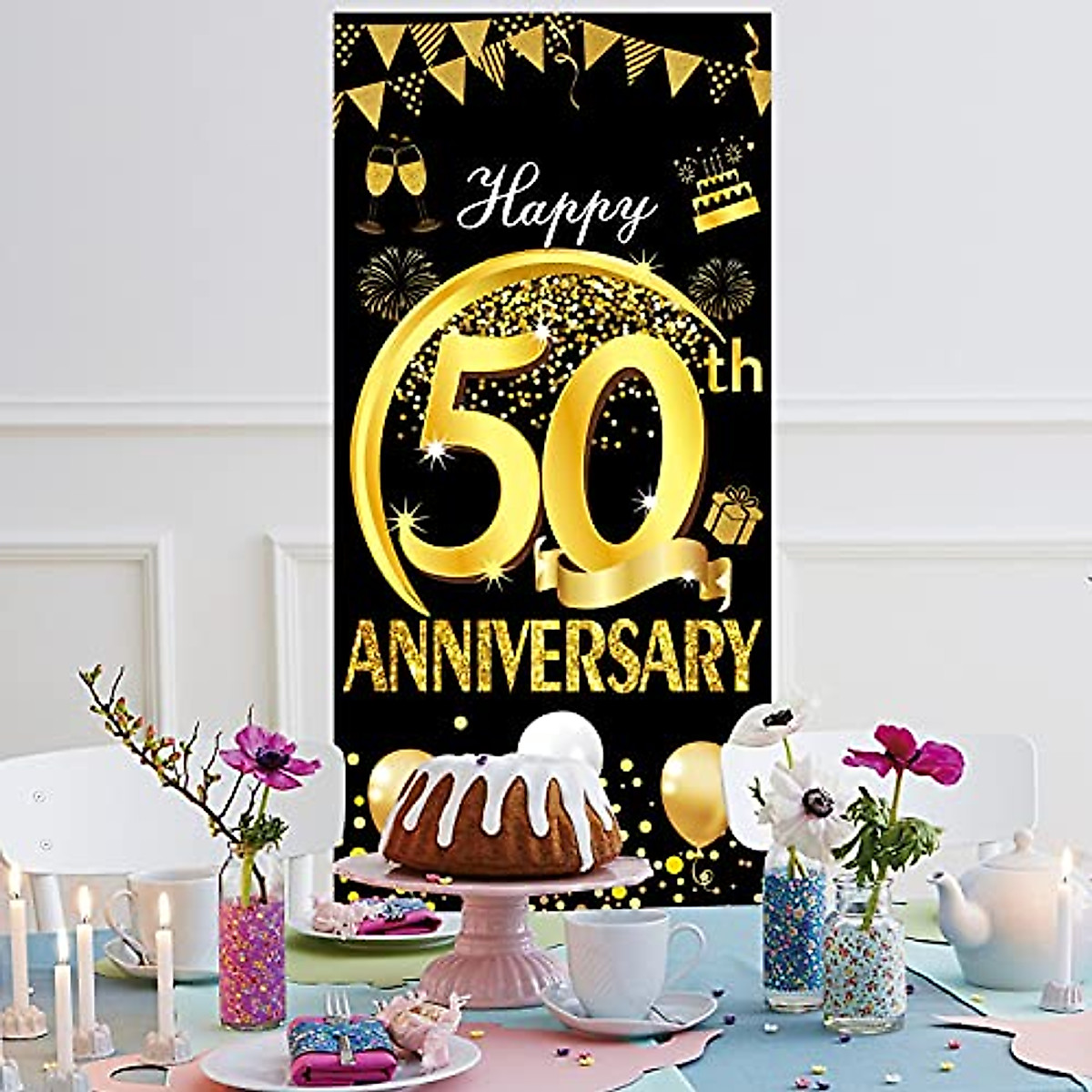 Kauayurk Happy 50th Anniversary Door Banner Backdrop Decorations, Large 50th Wedding Anniversary Door Cover Party Sign Supplies, Black Gold Happy 50th Anniversary Poster Decor