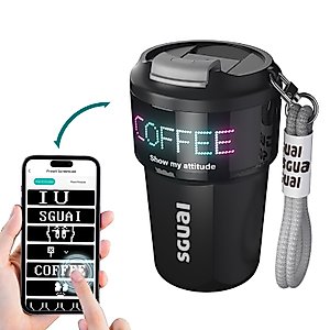 SGUAI Unique Smart Water Bottle - Smart Coffee Cup with LED Temperature & Pixel Display by APP Control, Smart Insulated Novelty Mug Water Flask for Unique Presents, 12oz (Black)