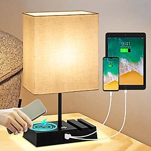 USB Small Table Lamp With Wireless Charger,3 Way Dimmable Bedside Table Lamp with USB Port, Type C Port and AC Outlet,Nightstand Lamp with Touch Control, Fabric Shade,Desk Lamp for Living Room Bedroom